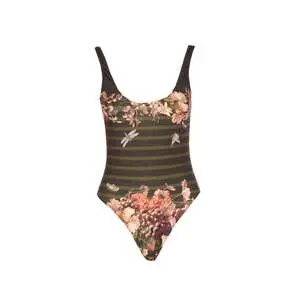JEAN PAUL GAULTIER Striped Floral Print One Piece Swimsuit - Green