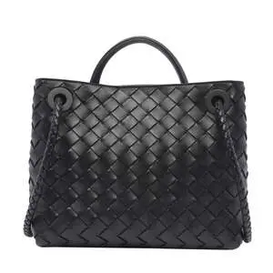 Bottega Veneta Small Andiamo Woven Lamb Leather Top Handle Bag With Gold Tone Hardware - Black