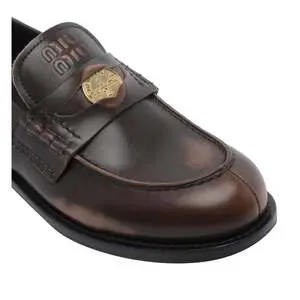 Miu Miu Distressed Calf Leather Penny Loafers - Brown