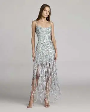 Mac Duggal Blue Silver Sequin Fringe Midi Dress - Nude Silver