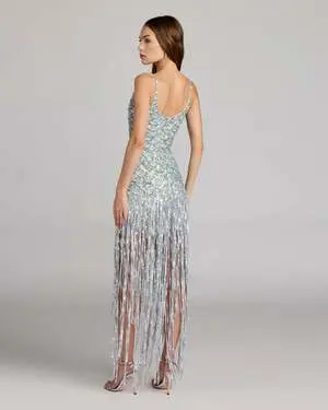 Mac Duggal Blue Silver Sequin Fringe Midi Dress