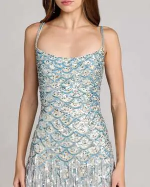 Mac Duggal Blue Silver Sequin Fringe Midi Dress