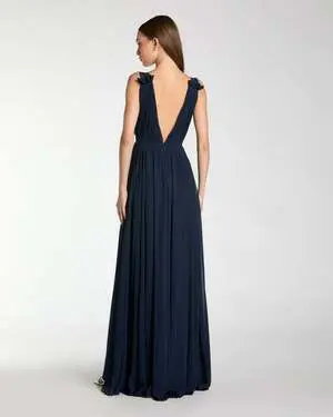 Mac Duggal Petite Pleated Chiffon Gown With Plunging V-neckline And Slit - Navy