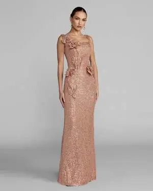 Mac Duggal Sequin Gown With 3d Floral Appliques