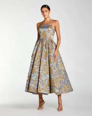 Mac Duggal Strapless Brocade Midi Dress With Pockets - Blue