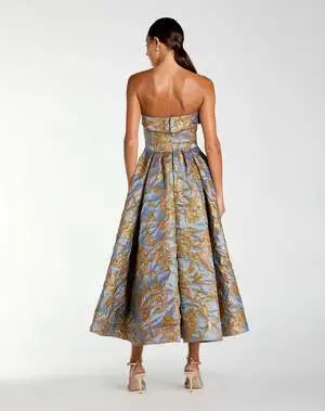 Mac Duggal Strapless Floral Brocade Midi Dress With Pockets