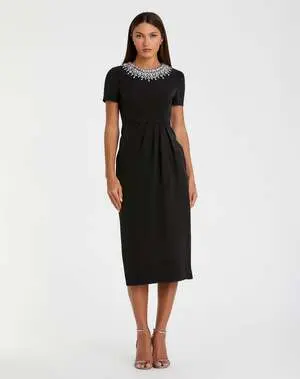 Mac Duggal Petite Short Sleeve Rhinestone Neckline Midi Dress - Black