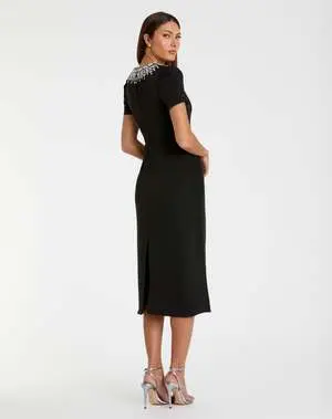Mac Duggal Petite Short Sleeve Rhinestone Neckline Midi Dress - Black