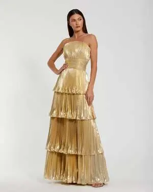 Mac Duggal Petite Strapless Metallic Tiered Ruffle Gown - Gold