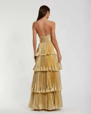 Mac Duggal Petite Strapless Metallic Tiered Ruffle Gown - Gold