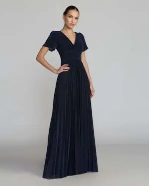 Mac Duggal Petite Pleated Metallic Flutter Sleeve A-line Gown - Navy