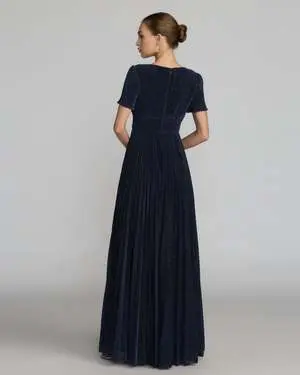 Mac Duggal Petite Pleated Metallic Flutter Sleeve A-line Gown