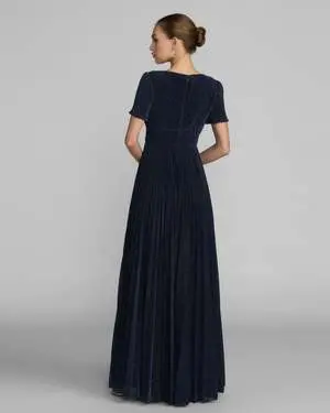 Mac Duggal Metallic Pleated Flutter Sleeve Gown
