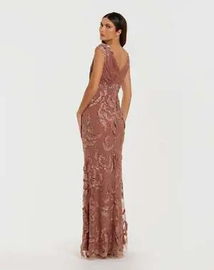 Mac Duggal Petite Floral Beaded Chiffon V-neck Evening Gown