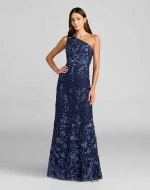 Mac Duggal Petite Navy One Shoulder Floral Embroidered Gown - Midnight Multi