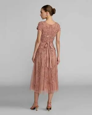 Mac Duggal Floral Embellished Cap Sleeve Midi Dress - Pink