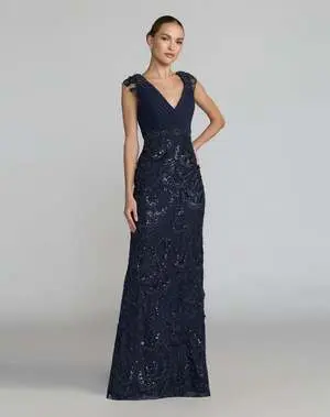 Mac Duggal Embellished Floral Applique Column Gown - Navy