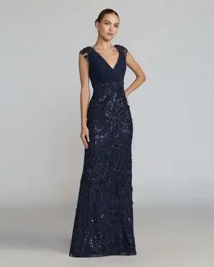 Mac Duggal Embellished Floral Beaded V-neck Evening Gown