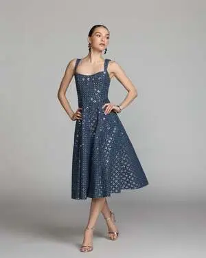 Mac Duggal Sleeveless Sequin A-line Midi Dress
