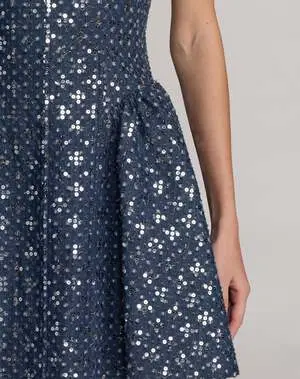 Mac Duggal Sleeveless Sequin Embellished Denim Mini Dress