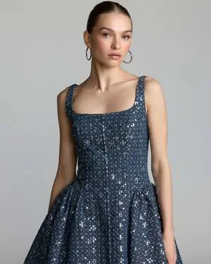 Mac Duggal Sleeveless Sequin Embellished Denim Mini Dress