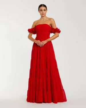Mac Duggal Off-the-shoulder 3d Floral Applique Gown - Red