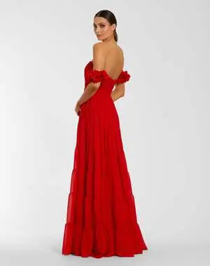 Mac Duggal Off-the-shoulder 3d Floral Applique Gown