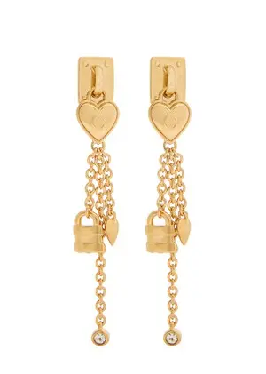 Chloé C" Engraved Heart Drop Earrings With Padlock And Crystal Embellishments - Gold