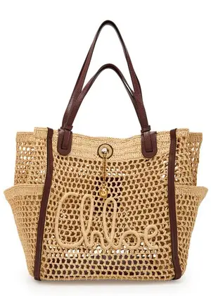 Chloé Iconic Logo Leather And Raffia Tote Bag - Sand