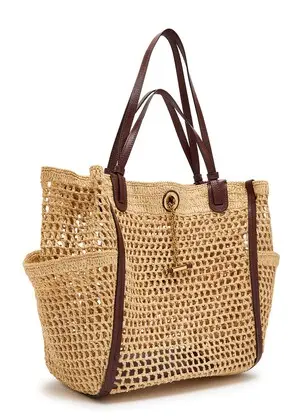 Chloé Iconic Logo Leather And Raffia Tote Bag - Sand