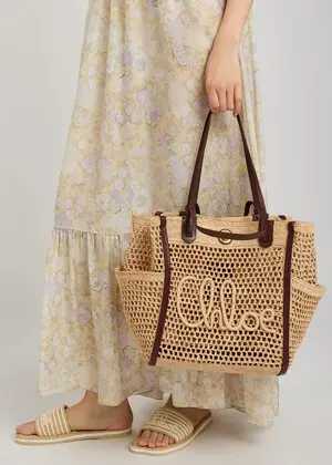 Chloé Iconic Logo Leather And Raffia Tote Bag - Sand