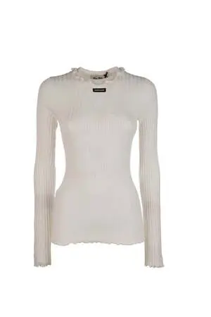Miu Miu Ribbed Knit Ruffle Neck Long Sleeve Top - Multicolor