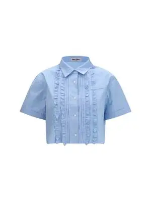 Miu Miu Cropped Poplin Shirt With Ruffle Details - Blue