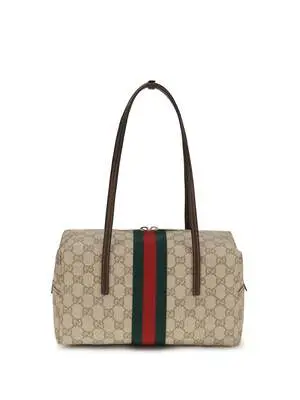 Gucci Medium Boston Melrose Shoulder Bag In Gg Fabric With Web Stripe - Cream