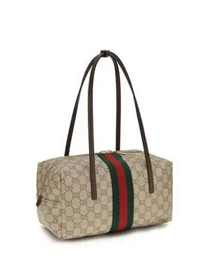 Gucci Medium Boston Melrose Shoulder Bag In Gg Fabric With Web Stripe - Cream