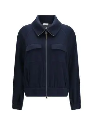 Brunello Cucinelli High-neck Sweatshirt In Cotton And Silk Blend - Blue