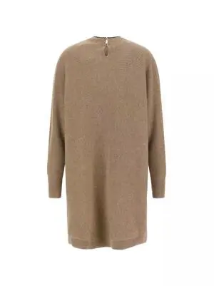 Brunello Cucinelli Beige Ribbed Knit Dress With Monile Embellished Collar