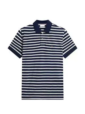 Tommy Hilfiger Striped-print Logo-embroidered Polo Shirt - Blue