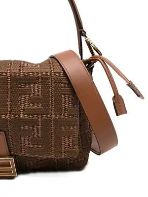 Fendi Mamma Baguette Medium Sellier Raffia-effect Woven Bag With Ff Embroidery - Brown