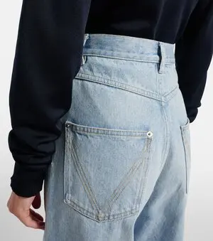Bottega Veneta Intrecciato Leather-trimmed Wide-leg Jeans - Blue