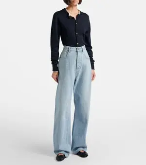 Bottega Veneta Intrecciato Leather-trimmed Wide-leg Jeans - Blue