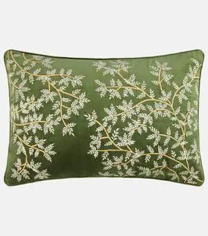 LES-OTTOMANS Embroidered Cotton Velvet Cushion - Green