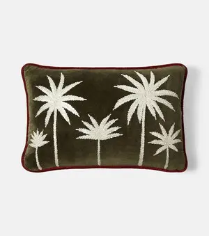 LES-OTTOMANS Embroidered Cotton Velvet Cushion - Green