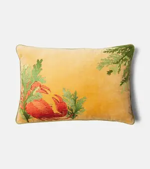 LES-OTTOMANS Embroidered Cotton Velvet Cushion - Yellow