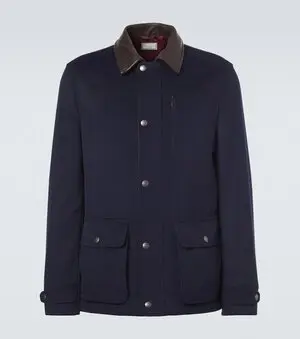 Brunello Cucinelli Wool Jacket With Leather Trim - Blue