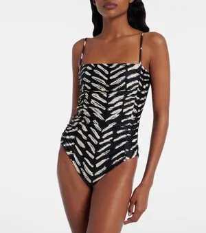 Johanna Ortiz Printed Ruched One Piece Swimsuit - Black