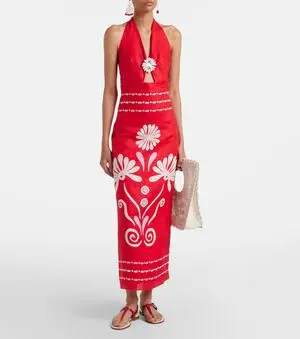 CALA DE LA CRUZ Orly Printed Halterneck Linen Midi Dress