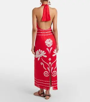 CALA DE LA CRUZ Orly Printed Halterneck Linen Midi Dress
