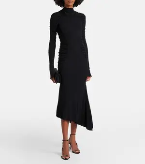 Victoria Beckham Gathered Asymmetric Jersey Midi Dress