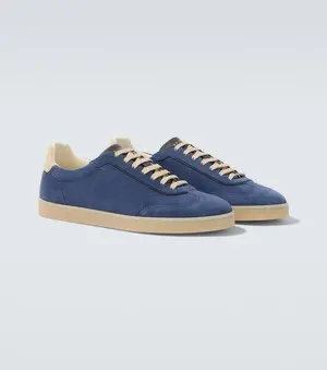 Brunello Cucinelli Navy Suede Leather Trimmed Lace-up Sneakers - Blue